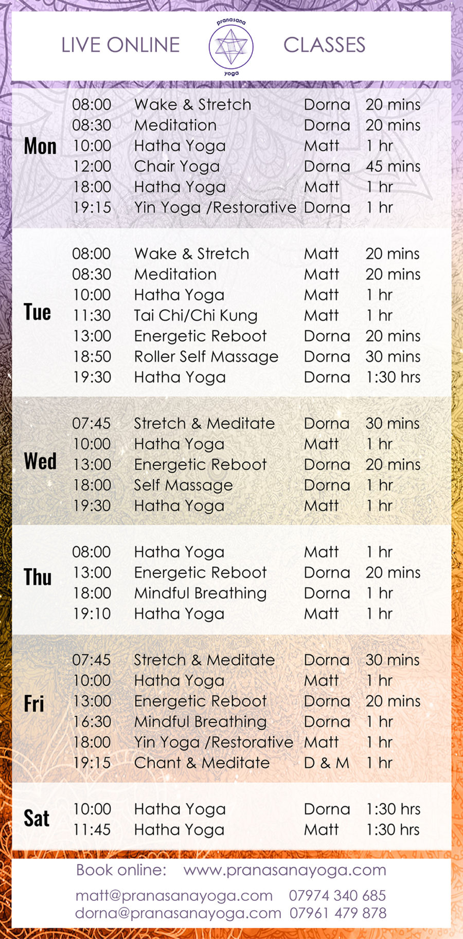 Online Yoga Schedule Snapshot - Pranasana Yoga & Tai Chi
